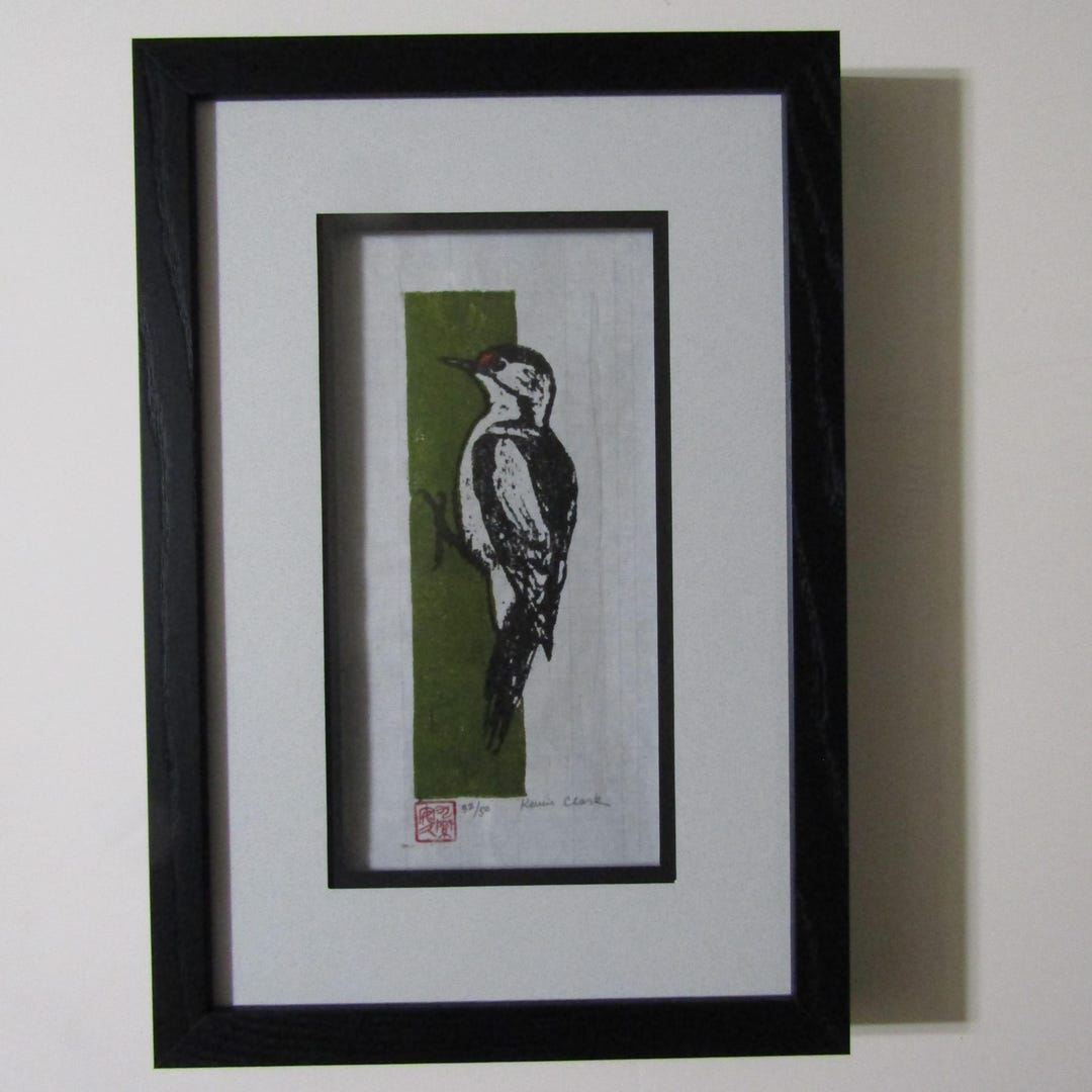 Downy Woodpecker Bird Woodcut Woodblock Print Engraving Moku Hanga ...