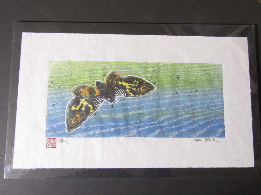 Kaiju Moth Monster Mothra Original Hand Carved Woodblock Print Woodcut ...