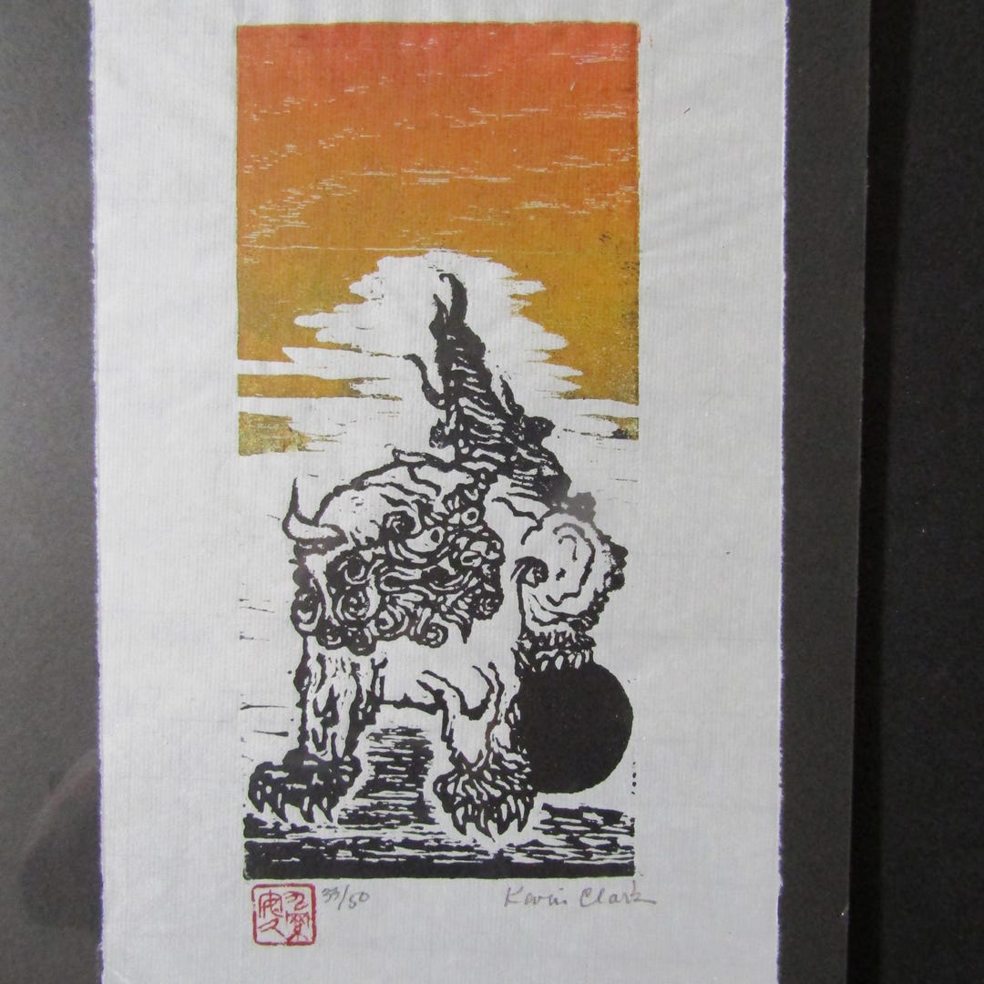 Temple Okinawa Shisa Dog Lion Woodblock Print Woodcut Moku Hanga ...