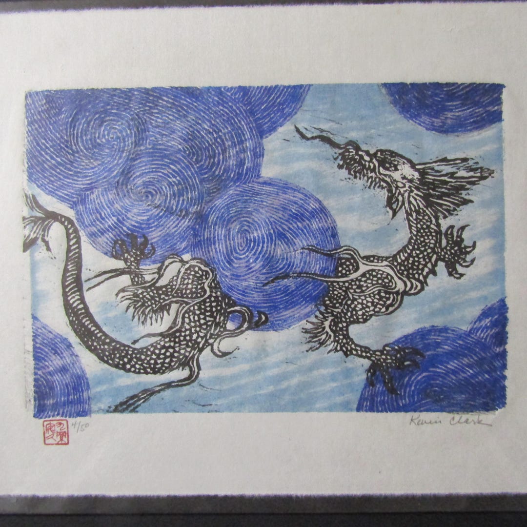 Dragon Cloud Ryu Liu Hand Carved Woodcut Woodblock Print Japanese Moku ...