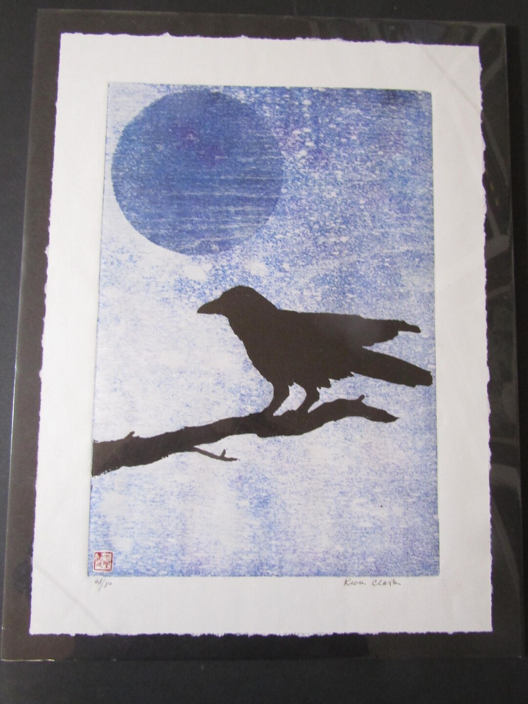 Raven Crow Branch & Moon Original Woodblock Print Woodcut Japanese Moku ...