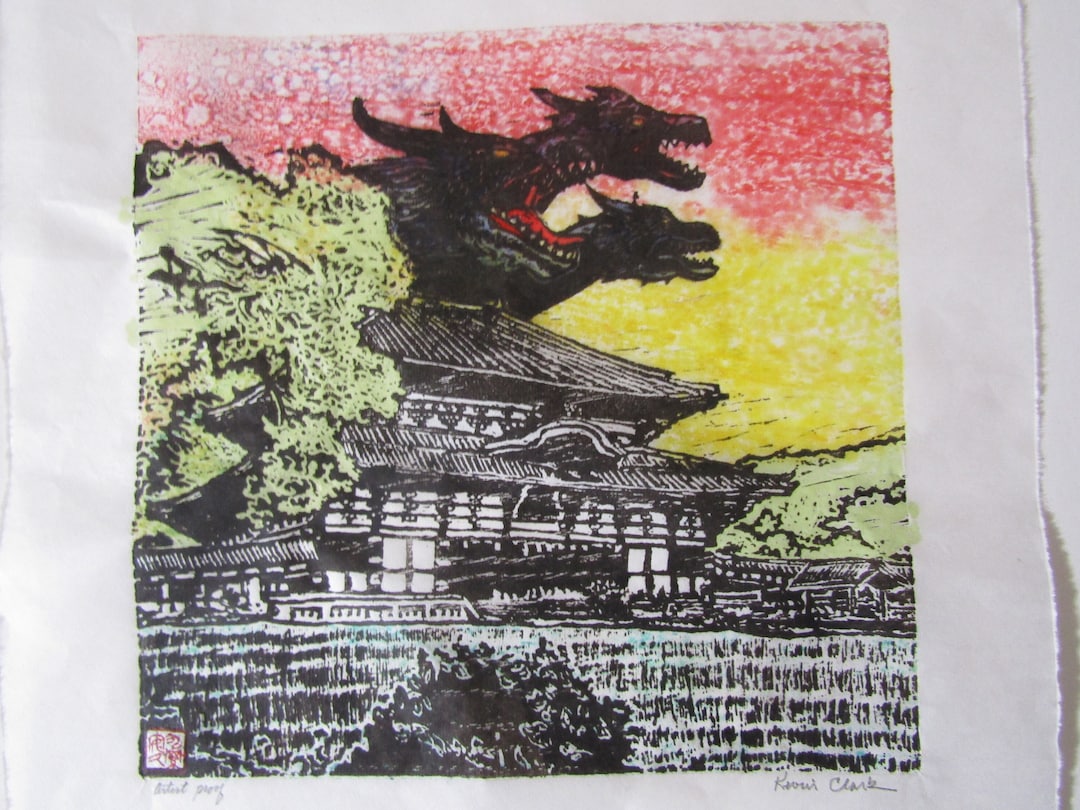 Hand Carved Woodblock Print Moku Hanga Kaiju X Monster 3 Headed Dragon ...