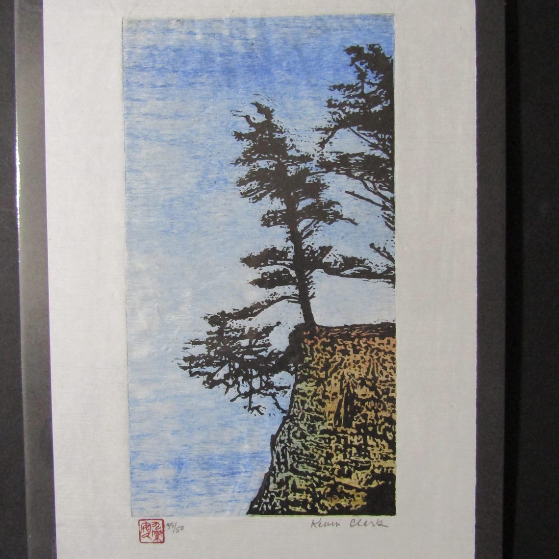 Pine Fir Cedar Tree Forest Cliff Edge Original Hand Carved Woodblock ...