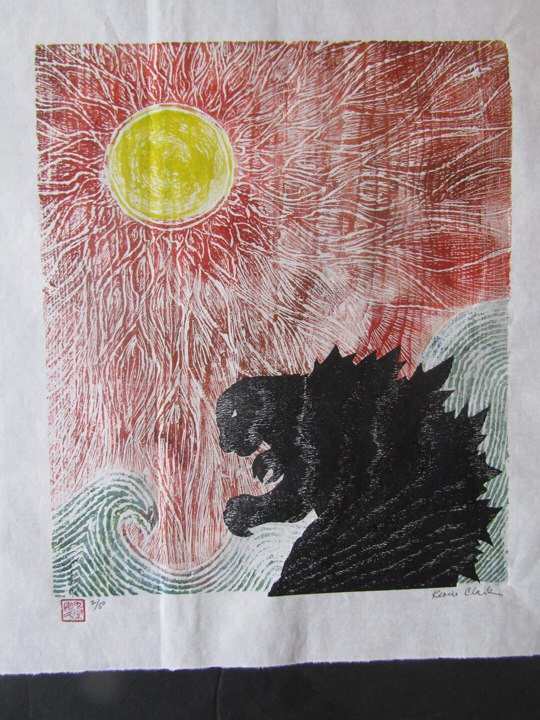 Kaiju Sun Godzilla Ocean Wave Hand Carved Woodblock Print Japanese ...