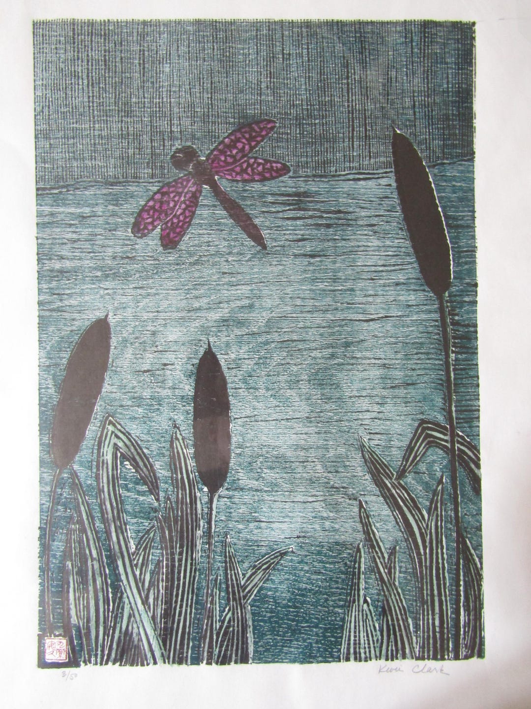 Dragonfly & Cattails Japanese Moku Hanga LARGE Woodcutlib Hand Carved ...