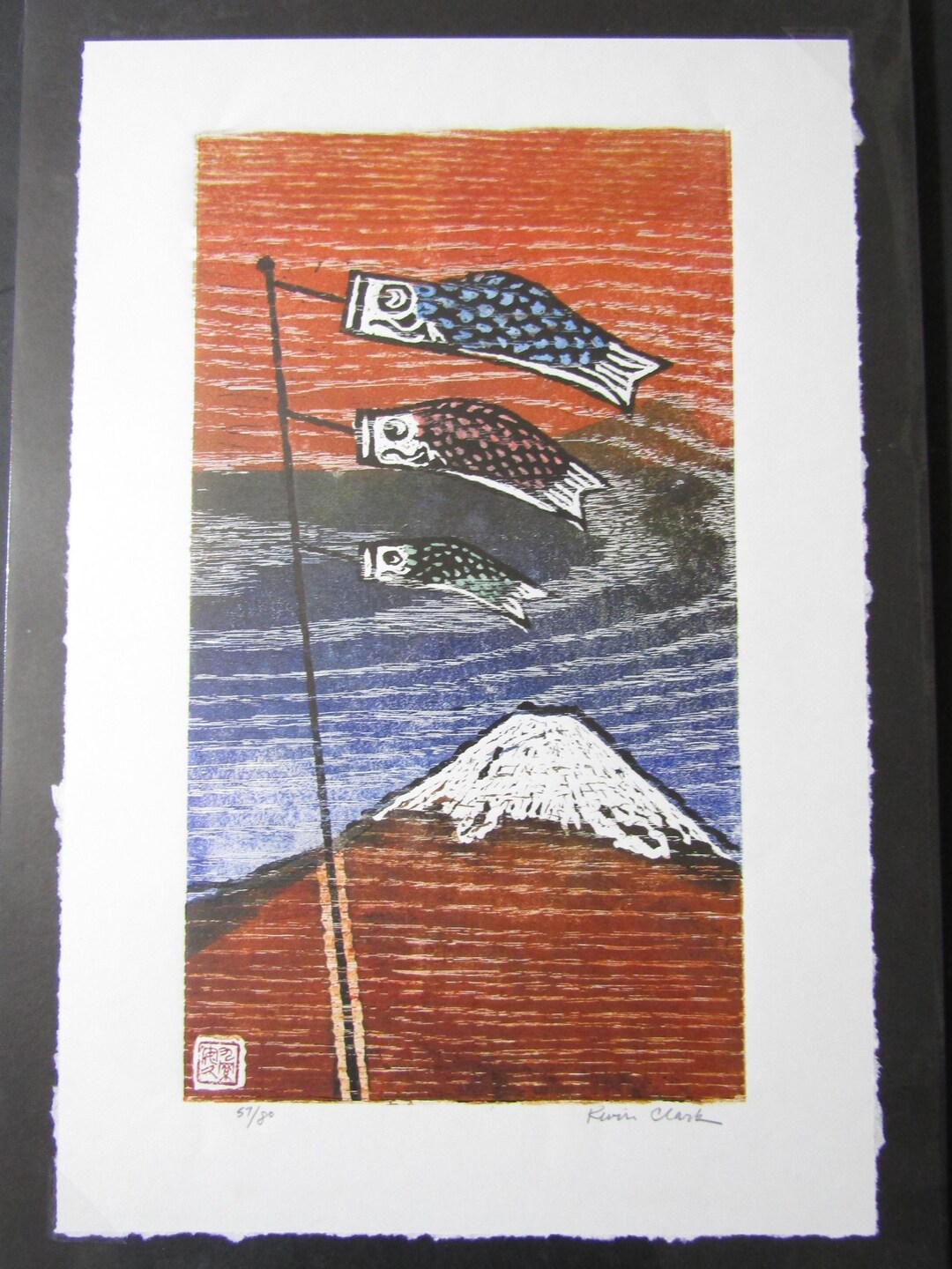 Japanese Fish Kite Koi Nobori & Fuji Original Hand Carved Woodblock ...