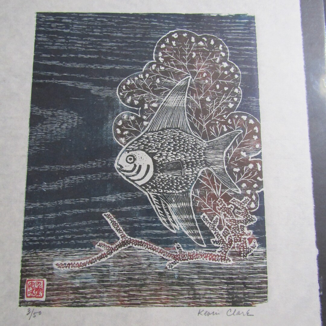 Angel Fish Coral Hand Carved Woodcut Woodblock Print Japanese Moku ...
