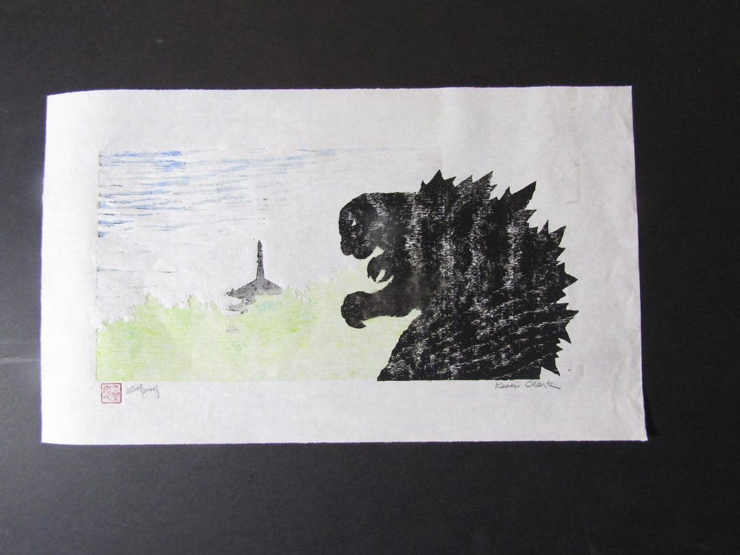 Kaiju Godzilla Monster Kyoto Pagoda Original Hand Carved Woodblock ...