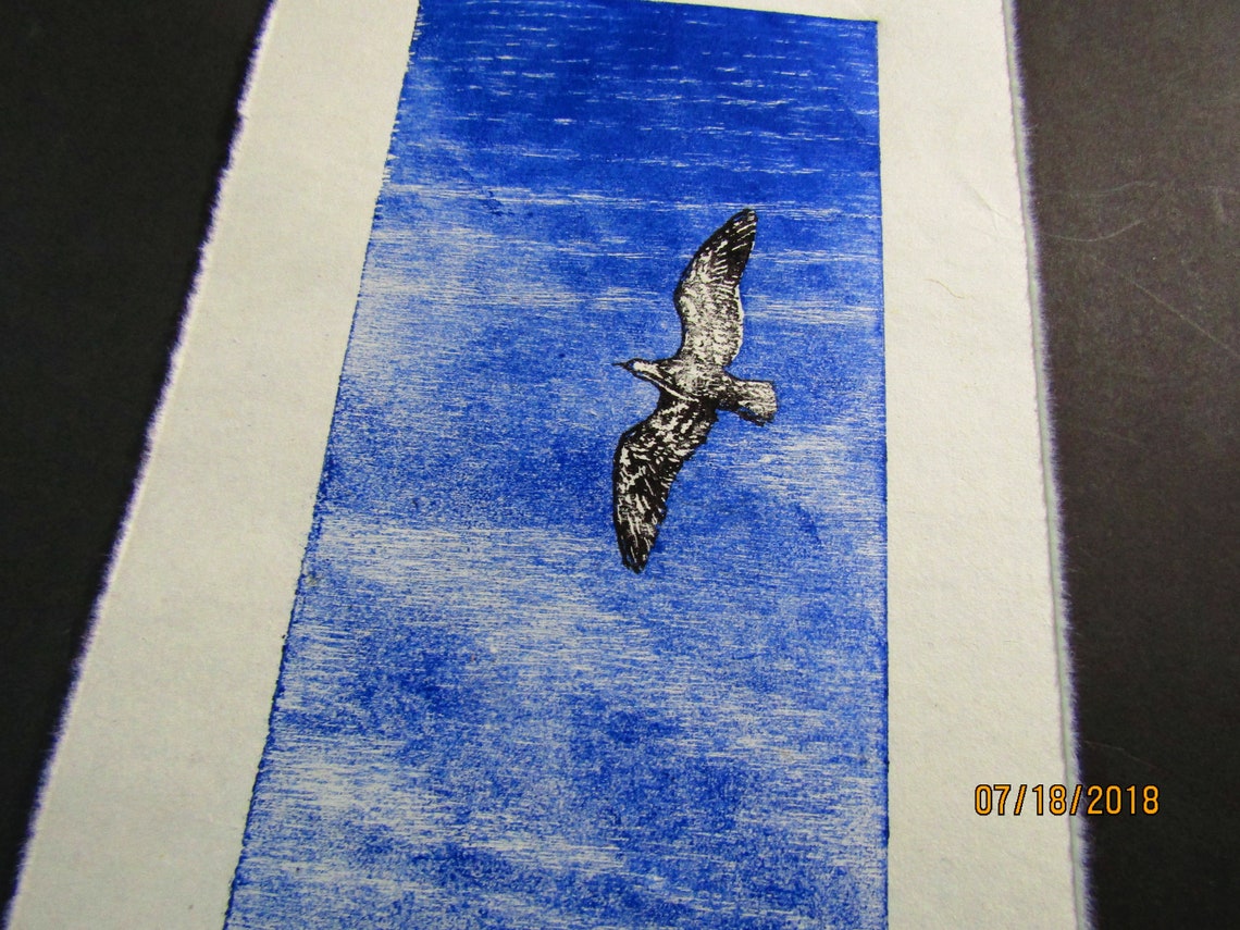 Lone Seagull Bird Flight Sky Hand Carved Woodblock Print Japanese Washi ...