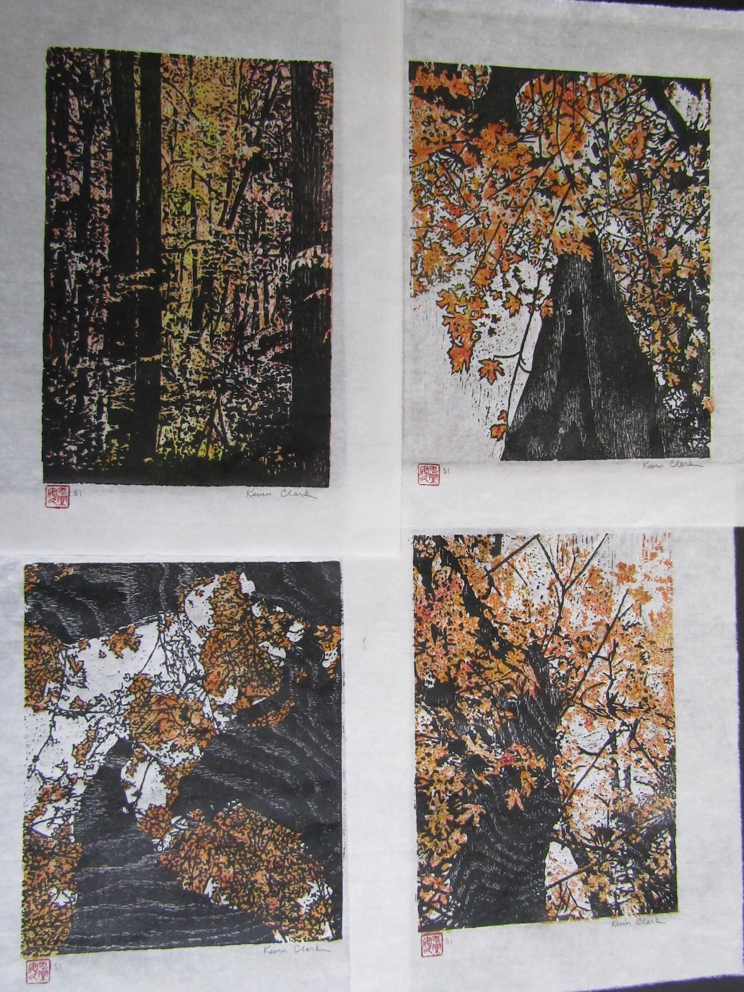 In the Trees, Maple Tree Forest Set of 4 Original Hand Carved Woodcuts ...