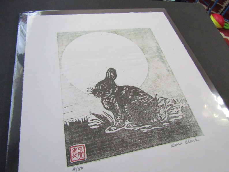 Rabbit Moon Bunny Hare hand carved woodblock print Japanese | Etsy