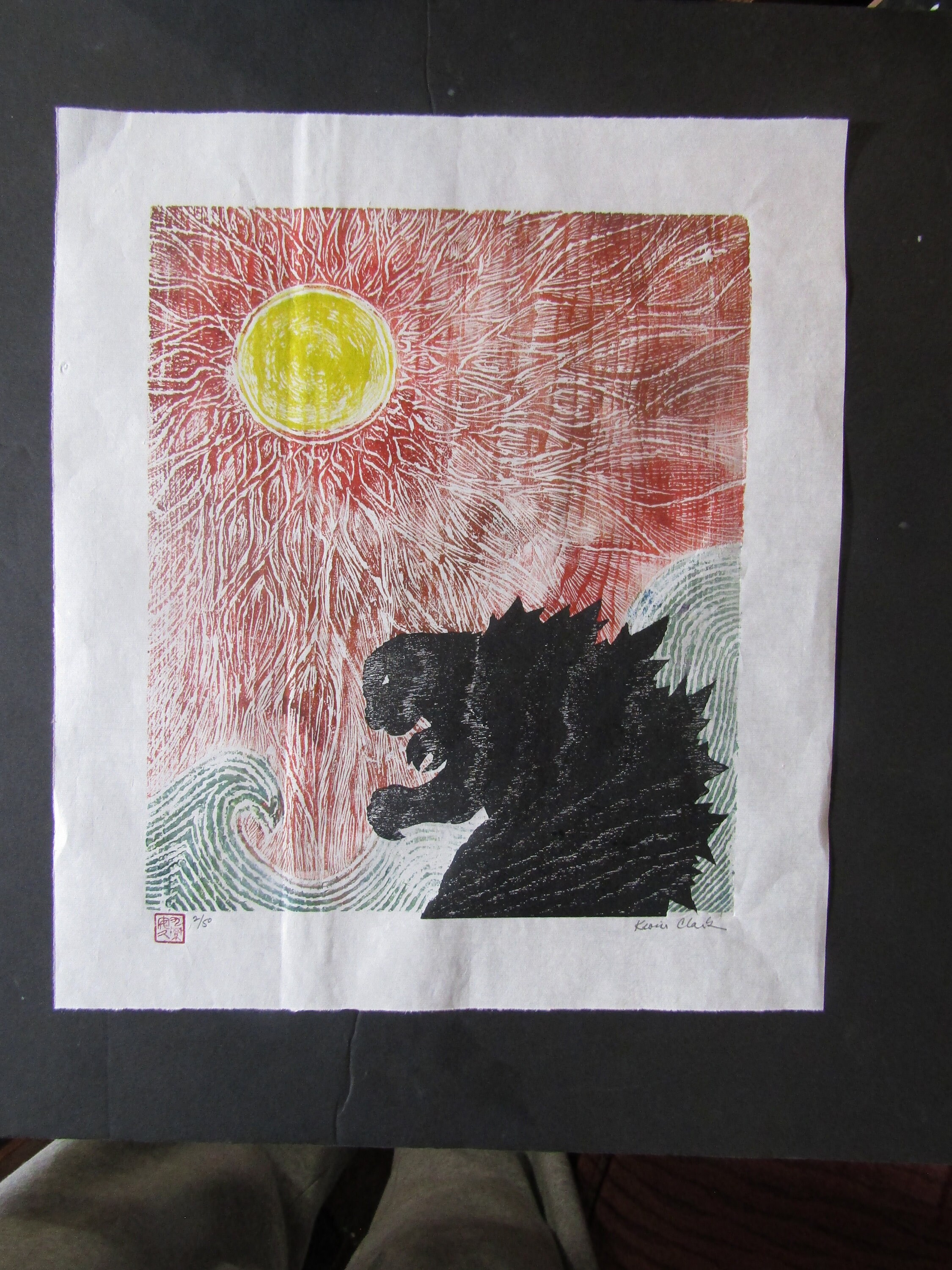 Kaiju Sun Godzilla Ocean Wave Hand Carved Woodblock Print Japanese ...