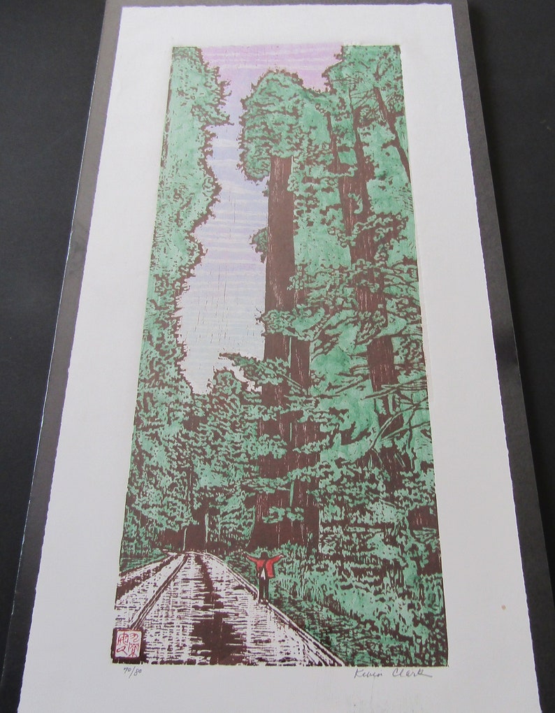 Original hand carved woodblock print Sequoia Redwood tree | Etsy