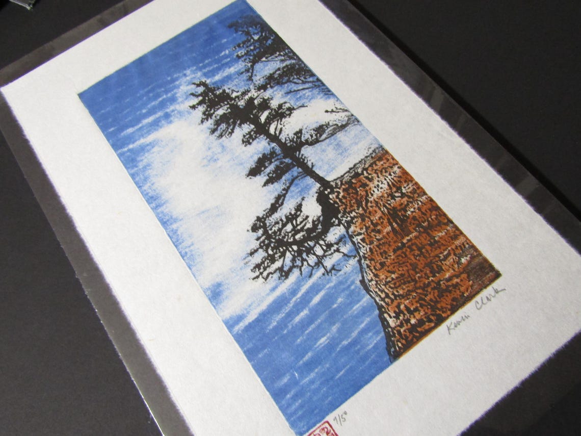 Pine Fir Cedar Tree Forest Cliff Edge Original Hand Carved Woodblock ...