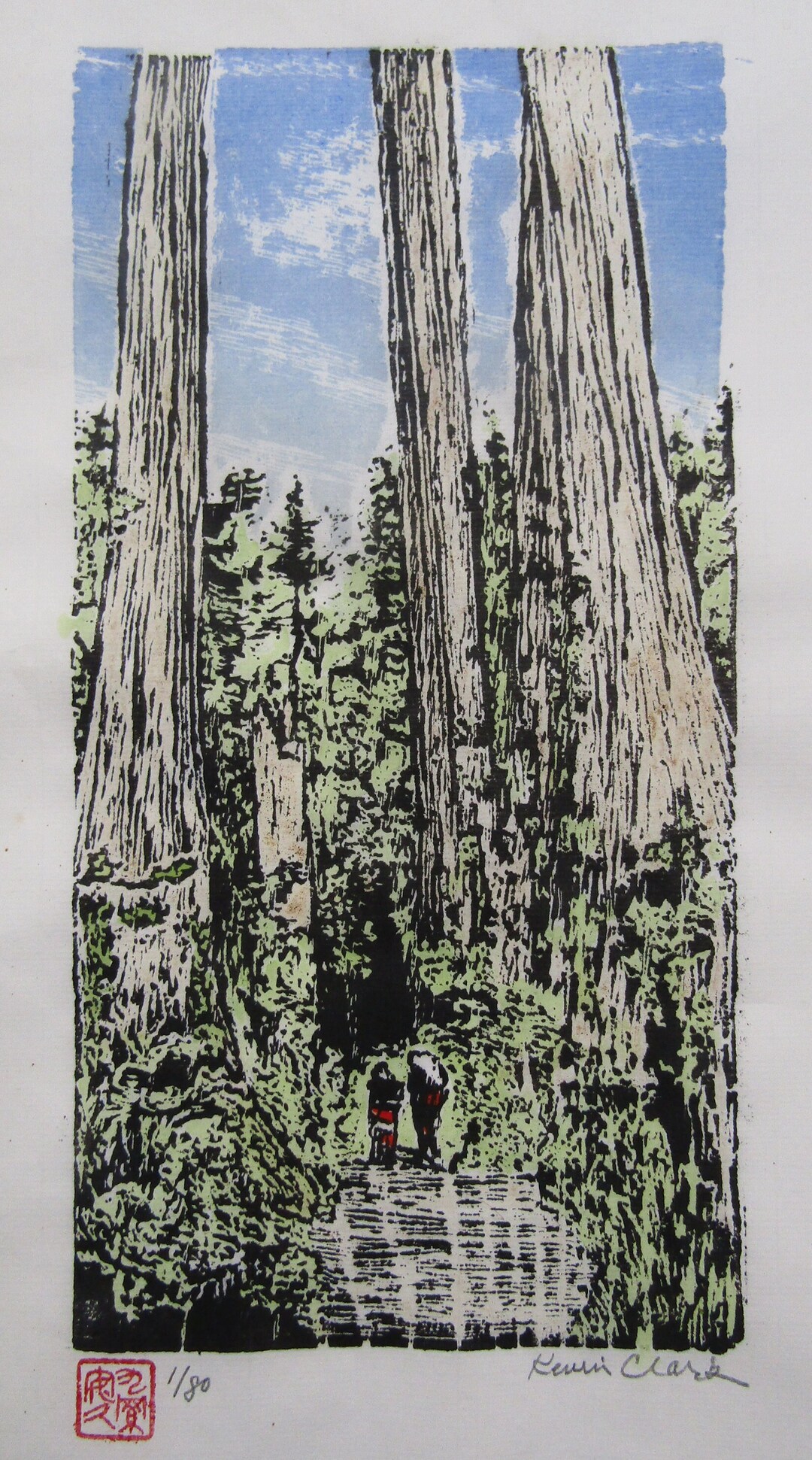 Original Hand Carved Woodcut Woodblock Print Sequoia Walk Hike Redwood ...