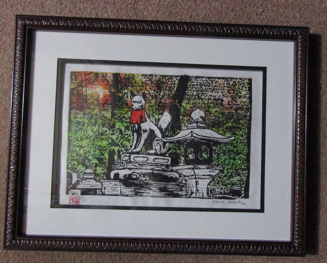 Guardian Fox Lantern Fushimi Inari Kyoto Hand Carved Woodblock Print ...