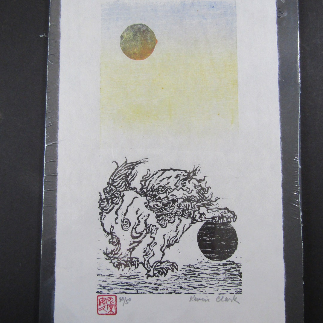 Temple Fu Shisa Dog Guardian Lion Woodblock Print Engraving Moku Hanga ...
