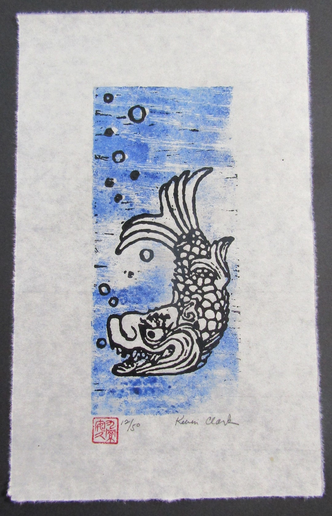 Shachihoko Tiger Carp Fish Woodblock Print Engraving Moku Hanga ...