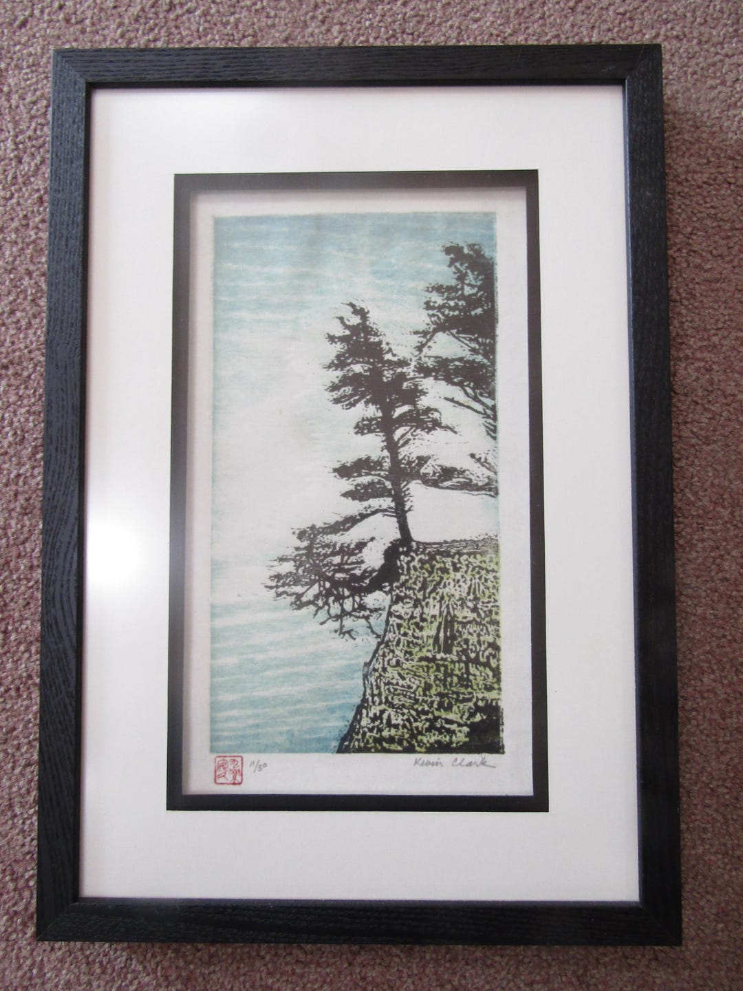 Pine Fir Cedar Tree Forest Cliff Edge Original Hand Carved Woodblock ...