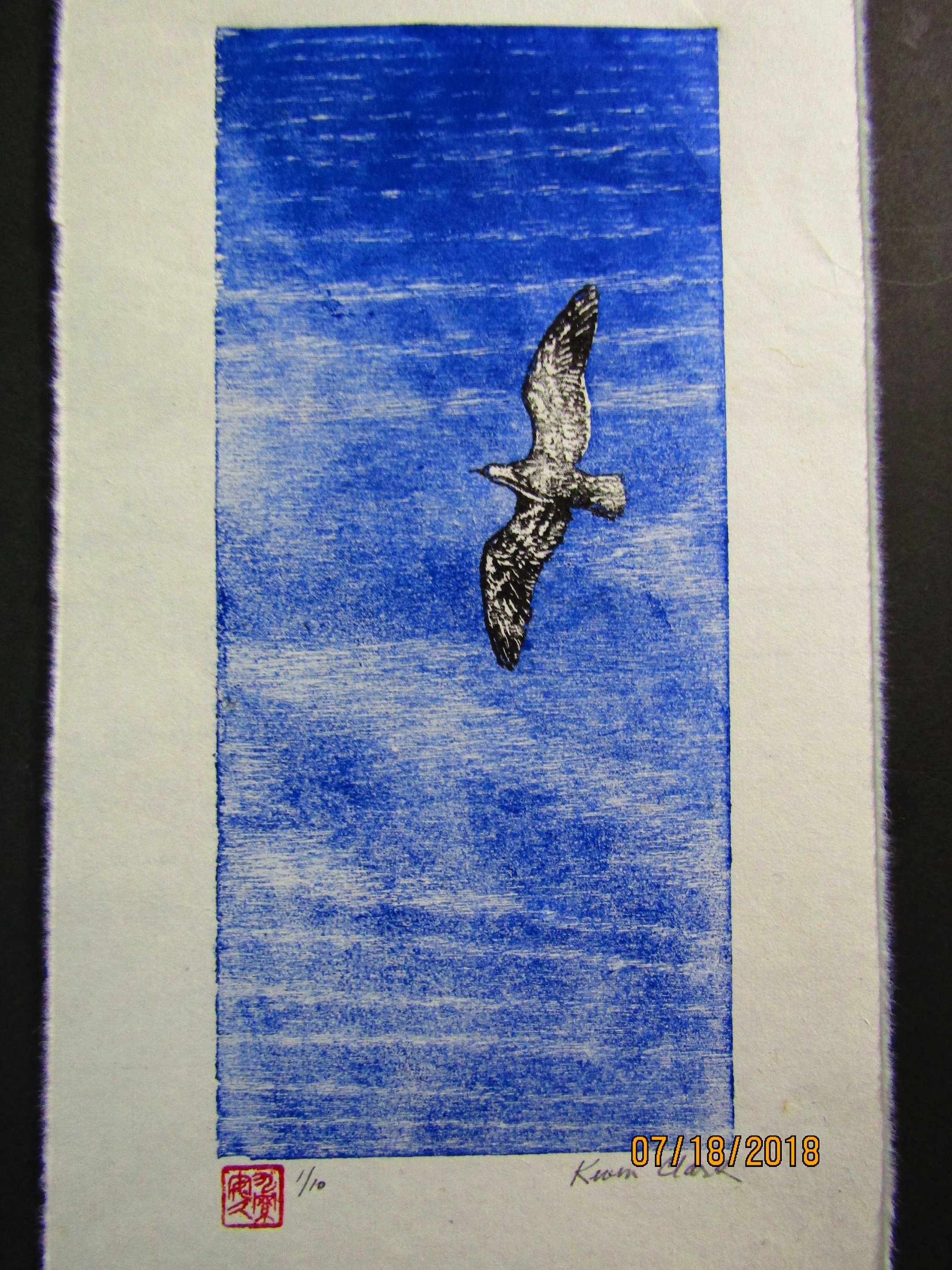 Lone Seagull Bird Flight Sky Hand Carved Woodblock Print Japanese Washi ...