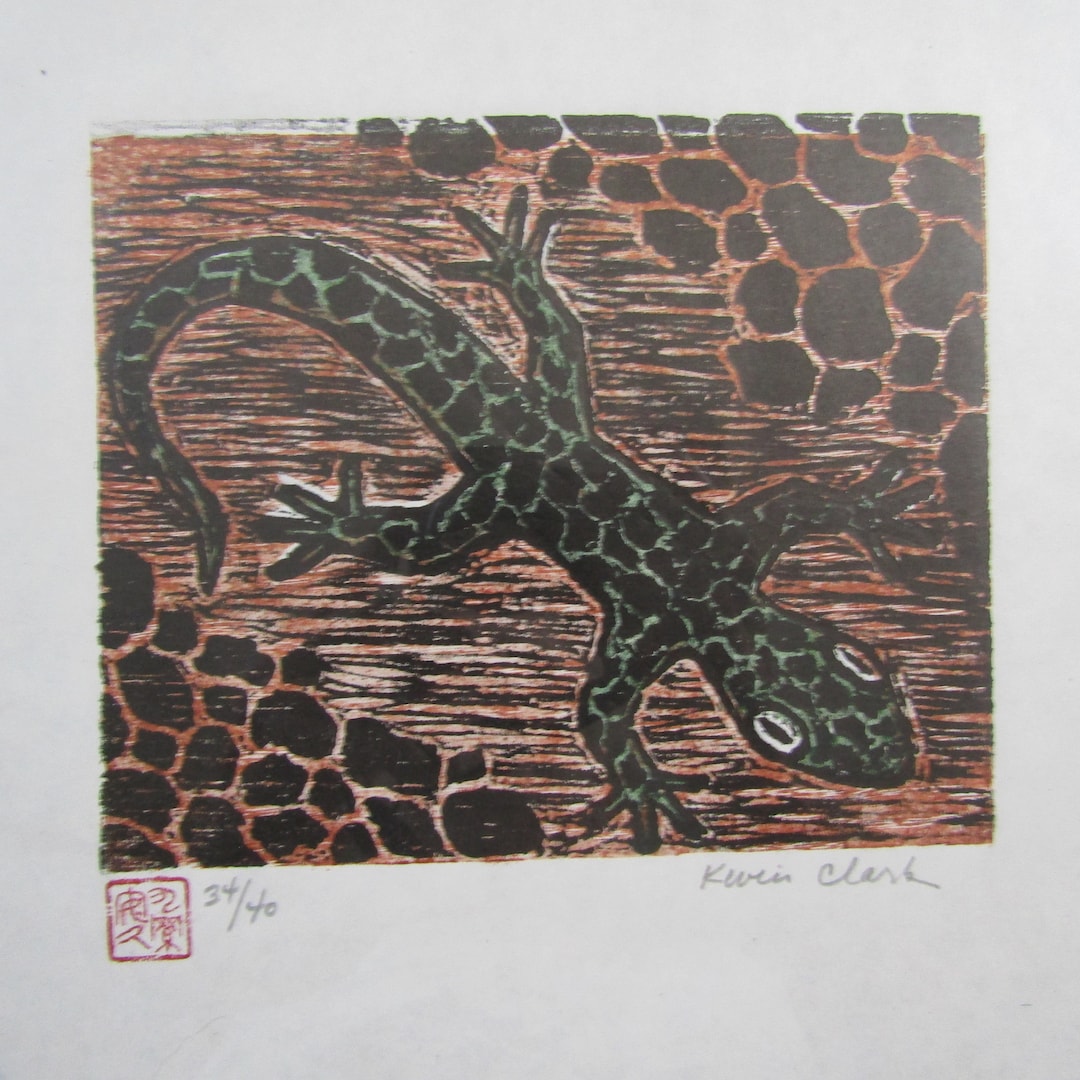 Spotted Lizard Gecko Hand Carved Woodblock Print Japanese Moku Hanga ...