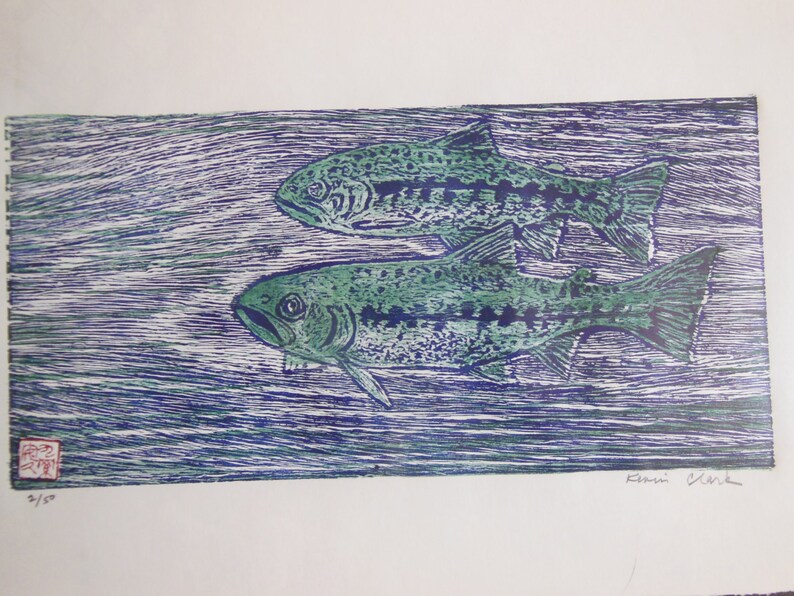 Fish Pair Trout Salmon Original Hand Carved Woodblock Print - Etsy