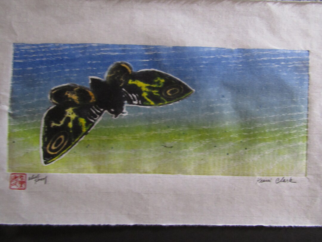 Kaiju Moth Monster Mothra Original Hand Carved Woodblock Print Woodcut ...