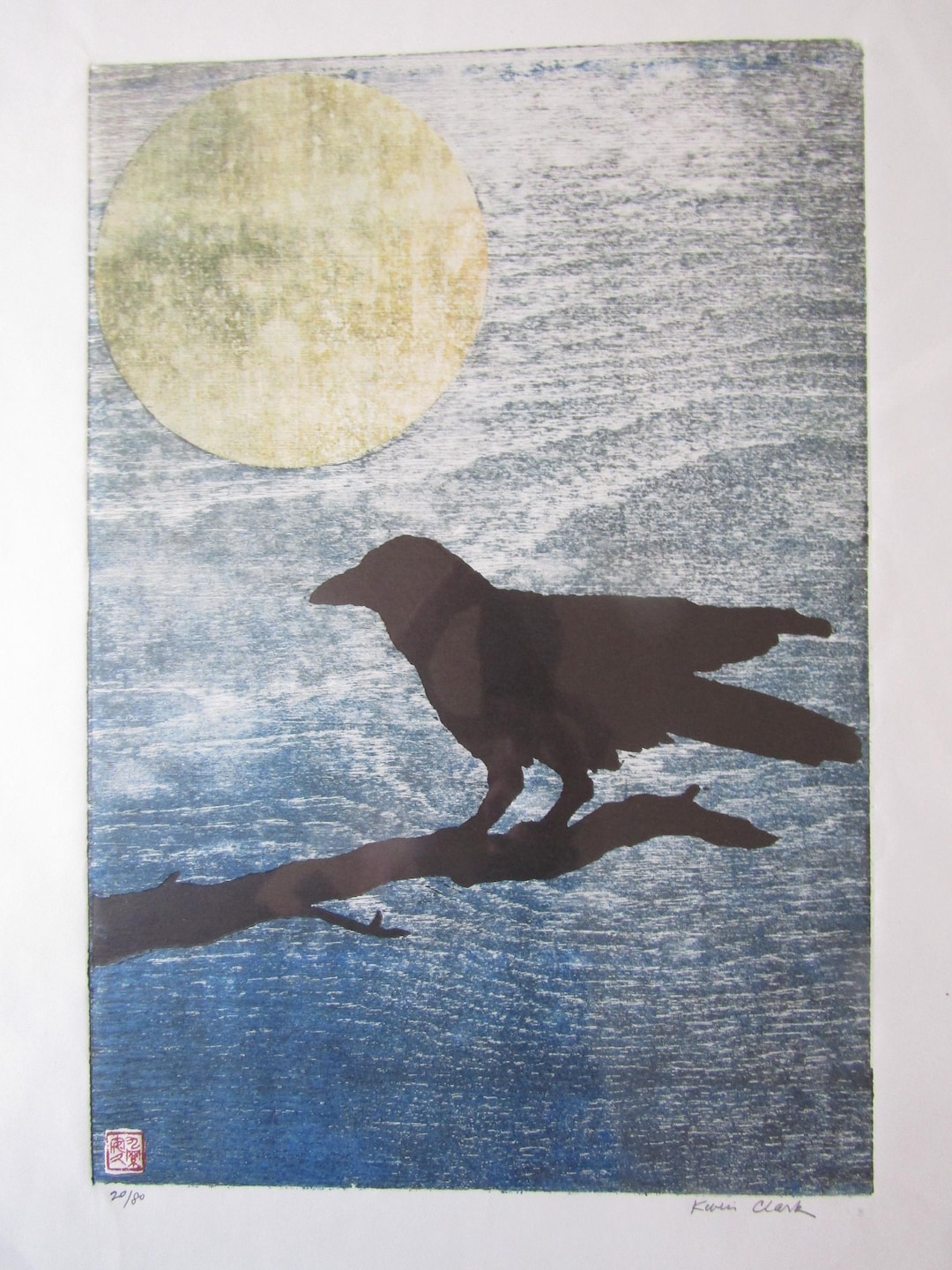 Raven Crow Branch & Moon Original Woodblock Print Woodcut Japanese Moku ...