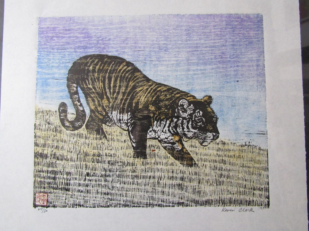 Tiger Cat Neko Tora Original Hand Carved Woodblock Print Moku Hanga ...