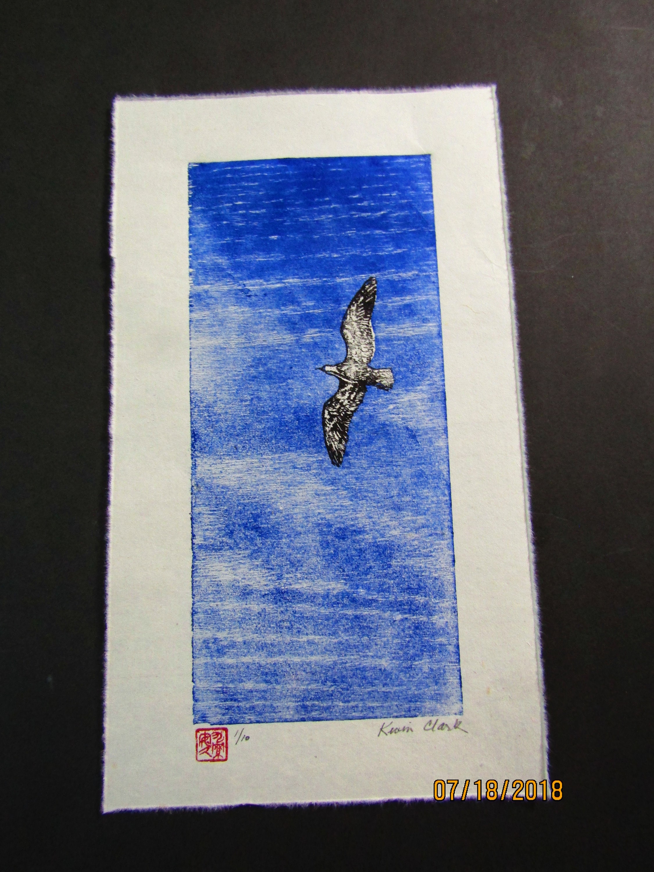 Lone Seagull Bird Flight Sky Hand Carved Woodblock Print Japanese Washi ...