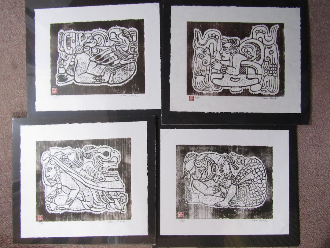 Mayan Glyphs Copan Honduras Hand Carved Woodblock Print Set of 4 Signed ...