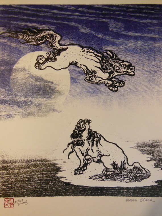 Shi Shi Japanese Guardian Lion Cat Moon Hand Carved Woodblock - Etsy