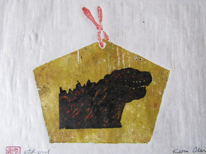 Godzilla Kaiju Monster Shrine Ema Original Hand Carved Woodblock Print ...
