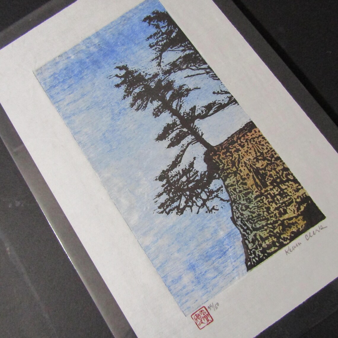Pine Fir Cedar Tree Forest Cliff Edge Original Hand Carved Woodblock ...