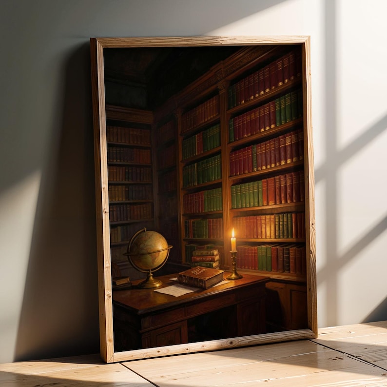 Library Scene Poster – Chiaroscuro Illustration, Books, Globe ...