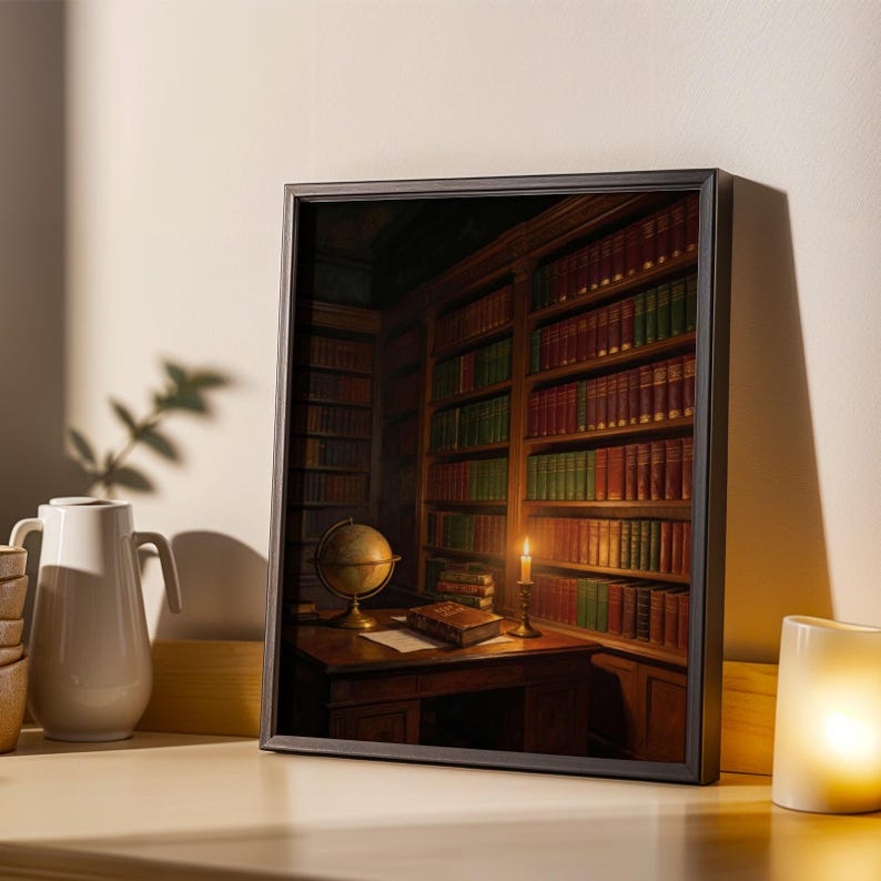 Library Scene Poster – Chiaroscuro Illustration, Books, Globe ...