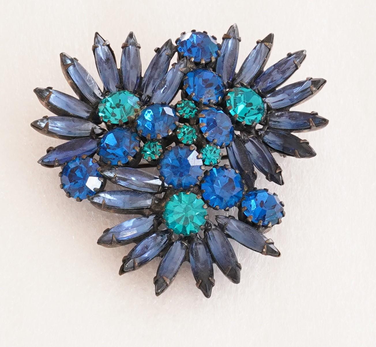 Regency Blue Teal Rhinestone Flower Floral Brooch Pin Rare - Etsy