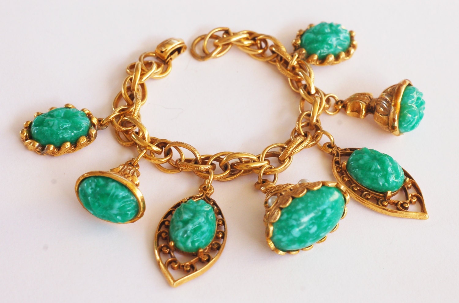 Ornate Jade Fob Chunky Charm Bracelet Vintage Jewelry - Etsy