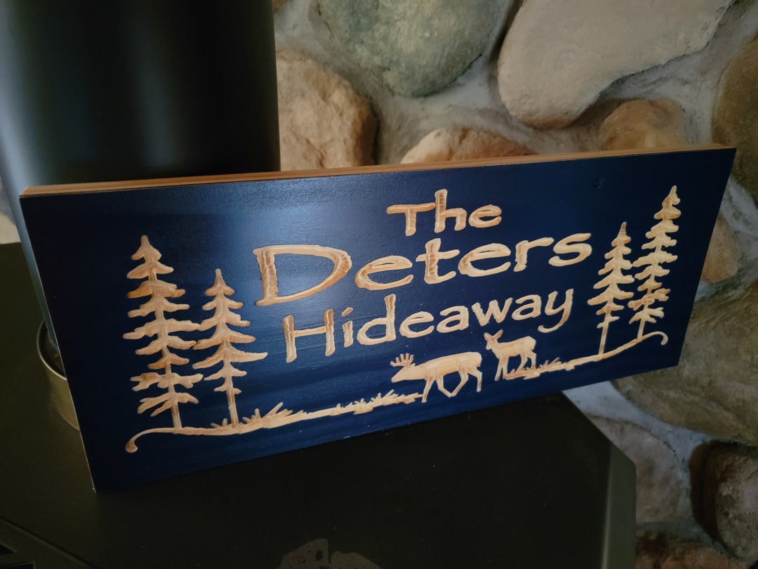 Family Name Sign | Pine Trees and Deer Design | Carved Wood Sign ...