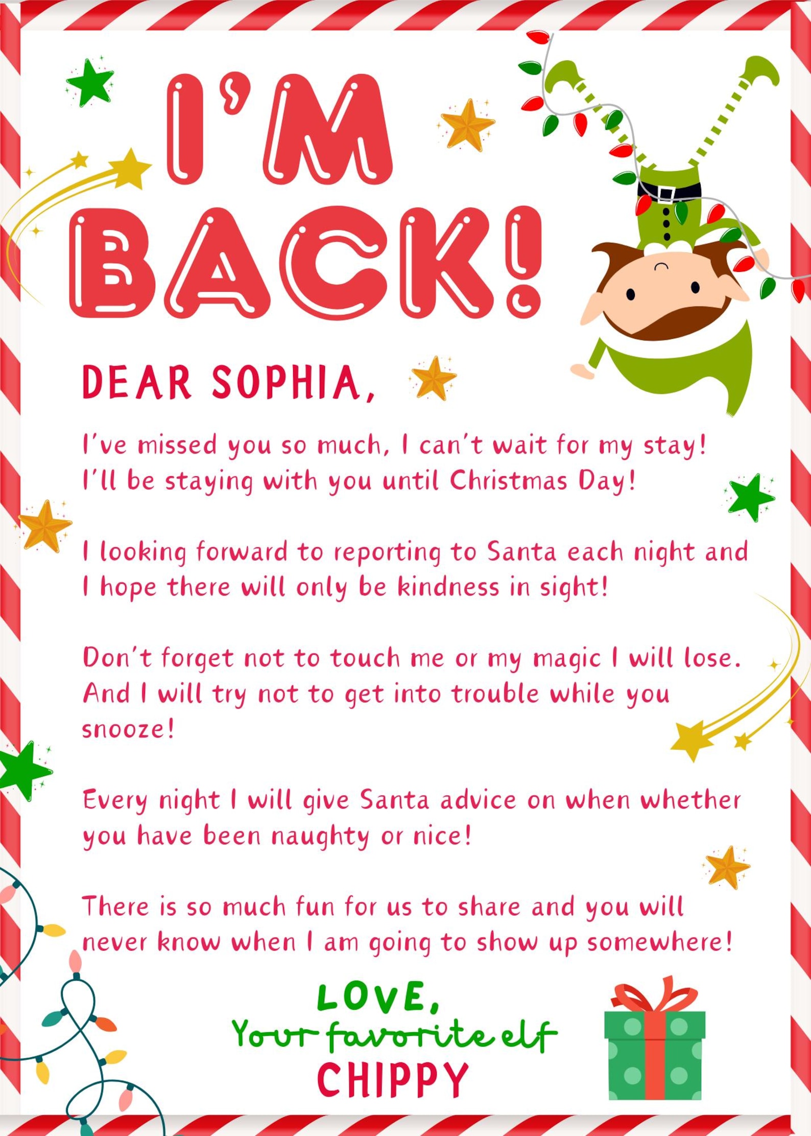 I'm Back! Elf Arrival Letter, Return Letter, Elf is Back, Goodbye Elf ...