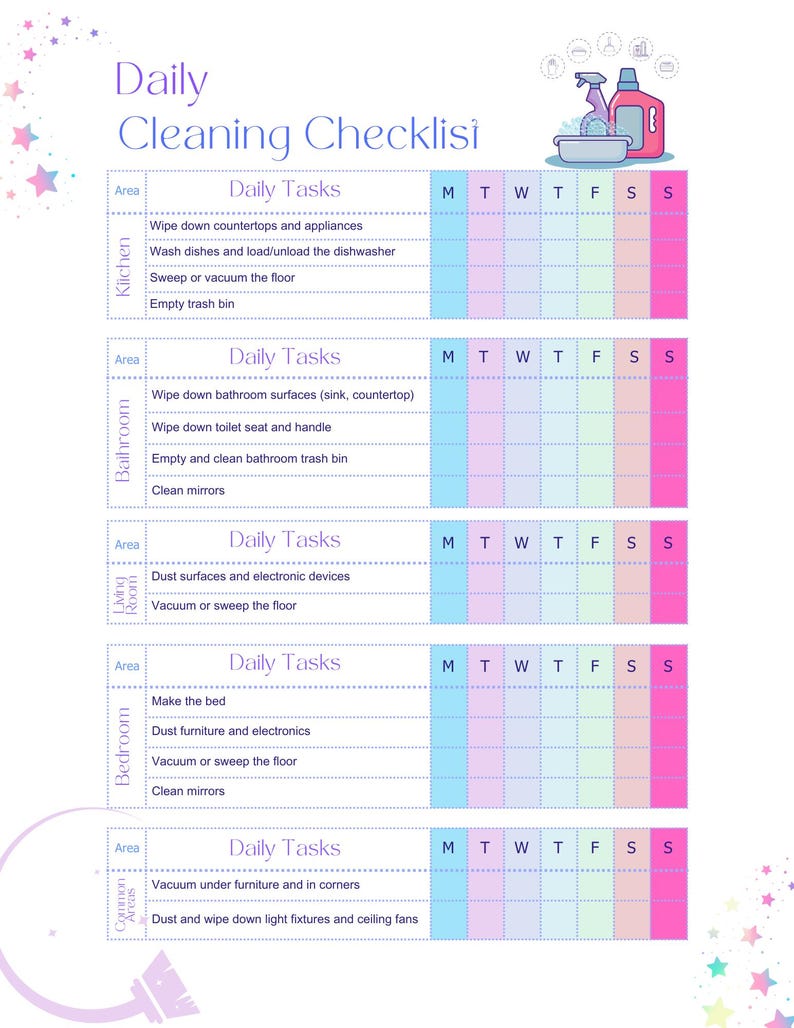 Cleaning Checklist - Daily and Weekly - Instant Download, Print and Use ...