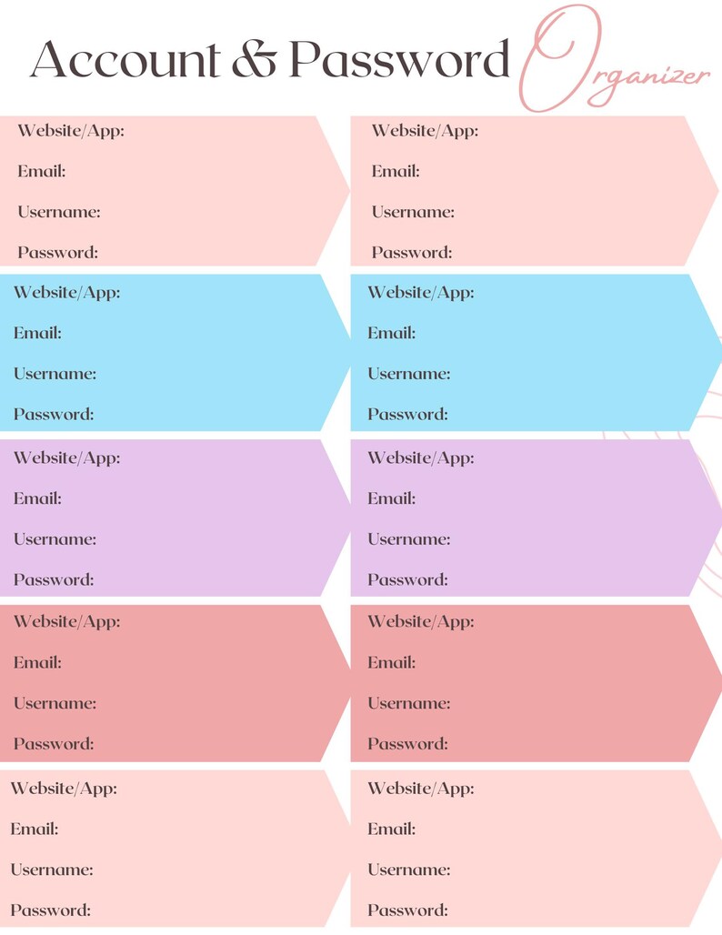 Printable Password Worksheet - Simple Password Account Tracker ...