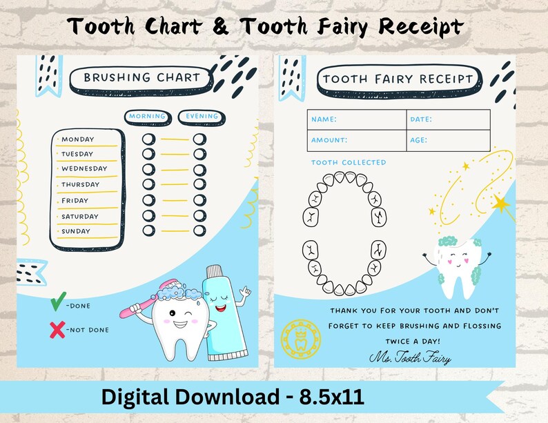Teeth Brushing Chart and Tooth Fairy Receipt COMBO - Digital Download ...