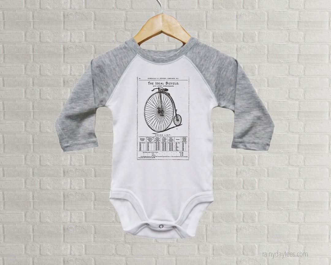 Vintage Bicycle Ad - Baby Bodysuit Romper - Gray White - Raglan - Bike ...