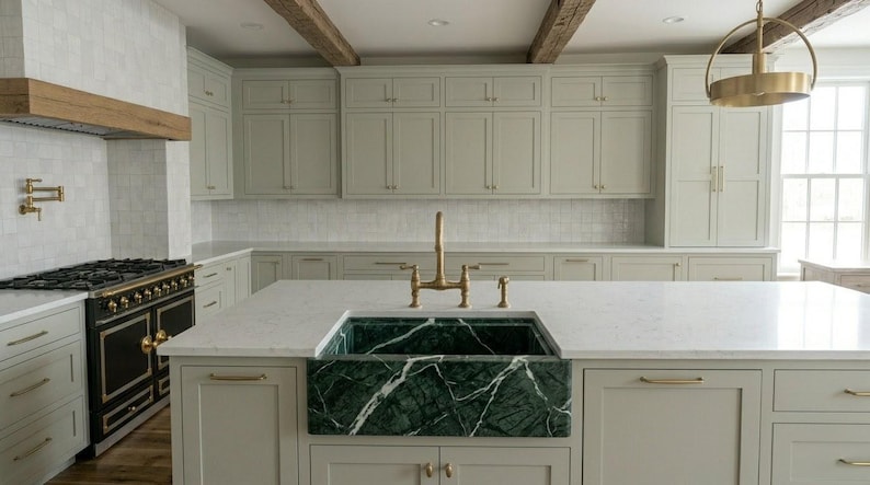 Verde Levanto Marble Farmhouse Sink, Hand-carved Emerald Stone Apron ...