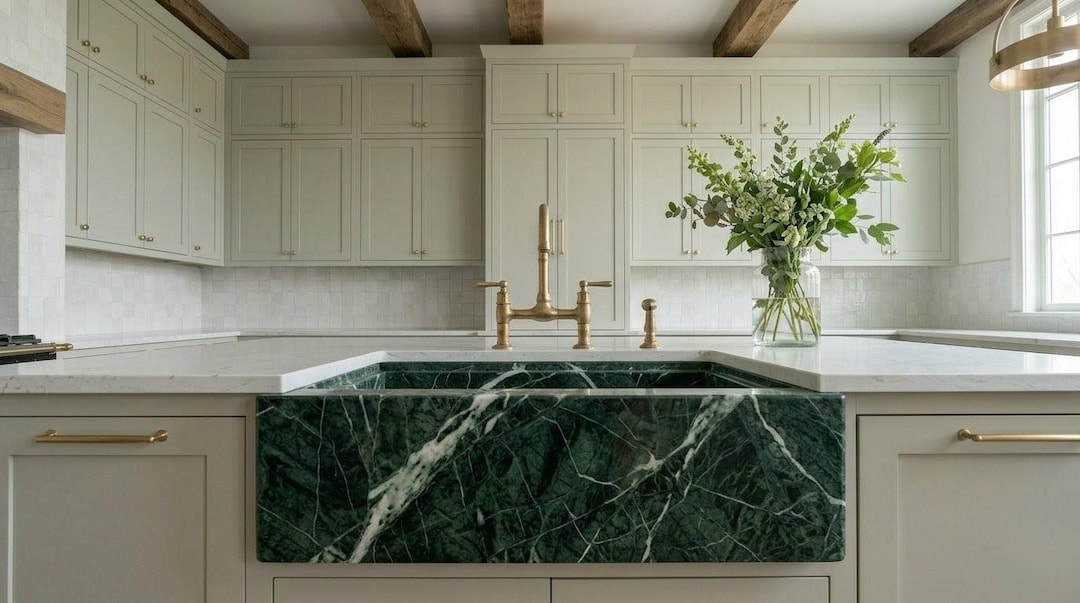 Verde Levanto Marble Farmhouse Sink, Hand-carved Emerald Stone Apron ...