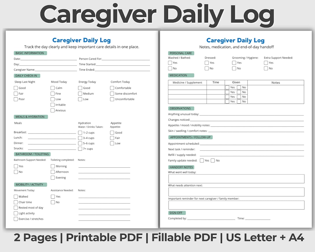 Caregiver Daily Log Printable PDF, Caregiver Log, Medication Tracker ...