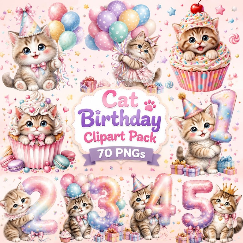Cats Birthday Clipart Bundle, Cute Watercolor Kittens, Festive Party ...