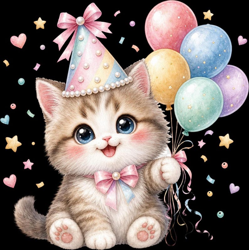 Watercolor Cat Birthday Clipart Pack, Festive Kittens, Party Graphics ...