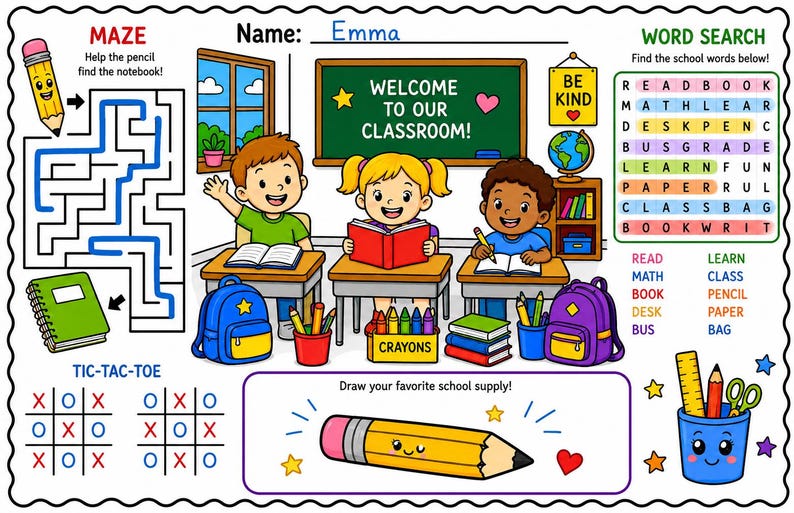 Elementary Classroom Coloring Activity Bundle, Placemats, Alphabet ...